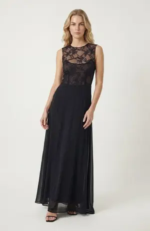 MODENAIRE Sheer Lace Sleeveless Maxi Dress - Black
