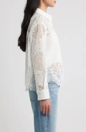 CISSA Embroidered Eyelet Lace Button Down Shirt
