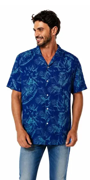 MIO MARINO Tropical Print Button-down Hawaiian Camp Shirt Palms Batik