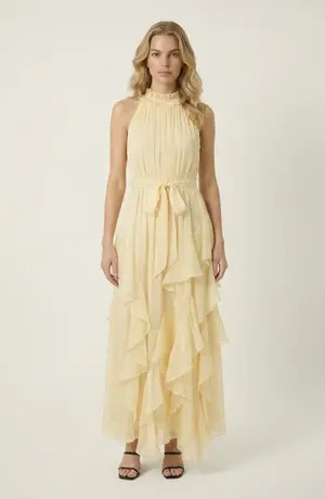MODENAIRE Halter Neck Ruffle Layer Waist Tie Maxi Dress - Yellow