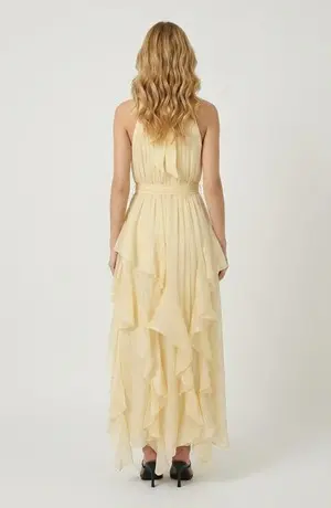 MODENAIRE Halter Neck Ruffle Layer Waist Tie Maxi Dress