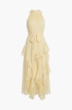 MODENAIRE Halter Neck Ruffle Layer Waist Tie Maxi Dress