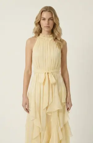MODENAIRE Halter Neck Ruffle Layer Waist Tie Maxi Dress