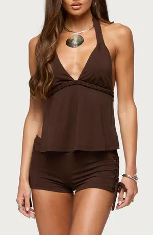 EDIKTED Jilly Braided Open Back Halter Top - Brown
