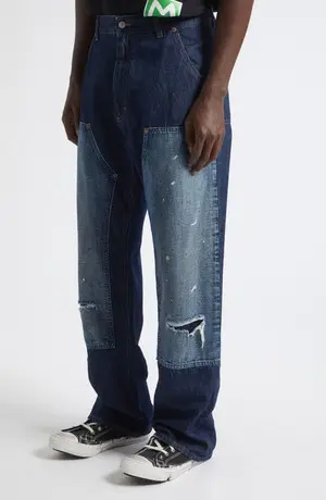 MAISON MARGIELA Paneled Straight Leg Jeans With Ripped Knee Detail