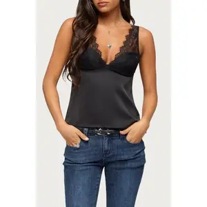 EDIKTED Vikkey Lace Trim Satin Tank - Black