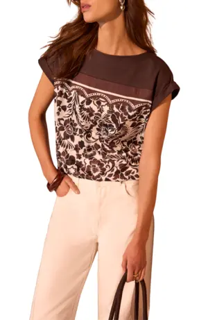 Mint Velvet Floral Print Cap Sleeve Top - Brown