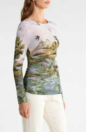 Farm Rio Ruched Landscape Print Long Sleeve Top