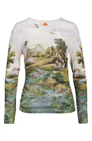 Farm Rio Ruched Landscape Print Long Sleeve Top