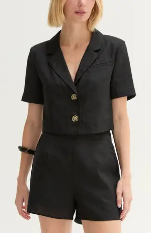 CRESCENT Cropped Linen Blend Blazer - Black
