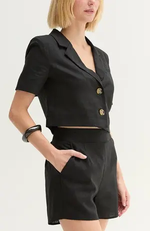 CRESCENT Cropped Linen Blend Blazer - Black