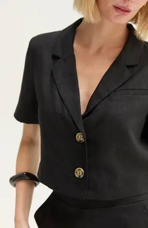 CRESCENT Cropped Linen Blend Blazer - Black
