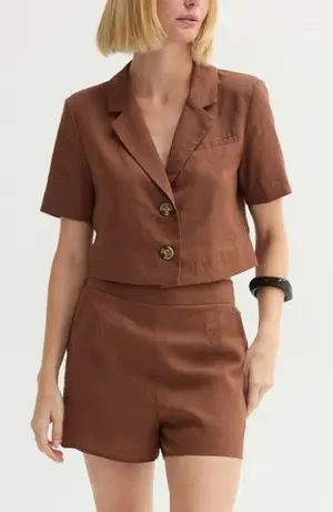 CRESCENT Cropped Linen Blend Blazer Brown