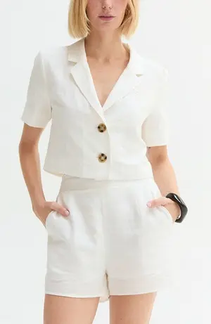CRESCENT Cropped Linen Blend Blazer White