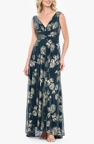 Betsy & Adam Rose Crinkle Gown - Teal/gold