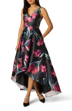 Adrianna Papell Floral Print Mikado High/low Gown - Black Multi