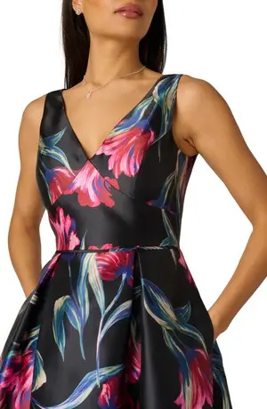 Adrianna Papell Floral Print Mikado High/low Gown