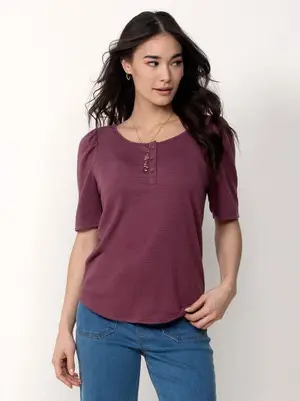 SINGLE STITCH Ultra Soft Scoop Neck Henley With Puff Sleeves - Plum
