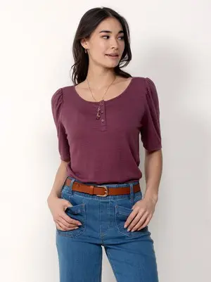 SINGLE STITCH Ultra Soft Scoop Neck Henley With Puff Sleeves - Plum
