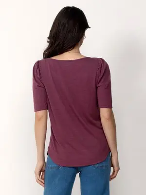 SINGLE STITCH Ultra Soft Scoop Neck Henley With Puff Sleeves - Plum