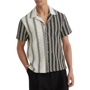 REISS Dain Chevron Stripe Knit Camp Shirt - White/black