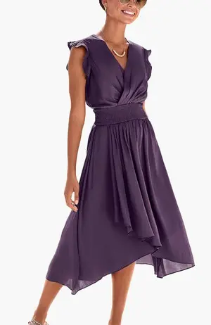 LASCANA Ruffled Cap Sleeve Satin Wrap Dress - Purple