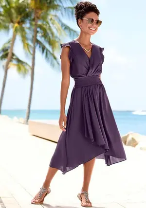 LASCANA Ruffled Cap Sleeve Satin Wrap Dress
