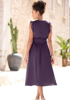 LASCANA Ruffled Cap Sleeve Satin Wrap Dress