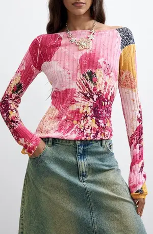 Desigual Abstract Floral Print Boat Neck Ribbed Sweater - Pink