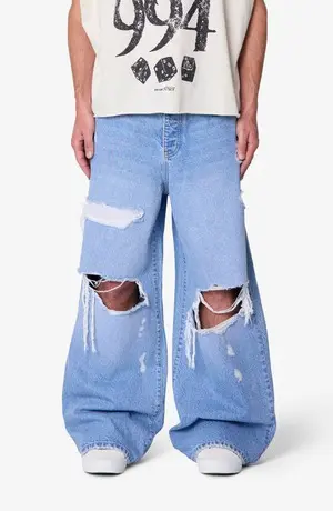 Mnml Thermal Patch Relaxed Wide Leg Ripped Jeans - Blue