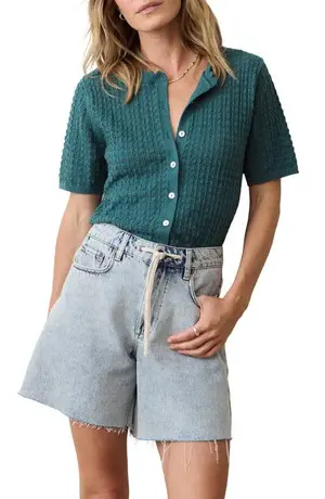 Marine Layer Lucia Pointelle Stitch Short Sleeve Cotton Blend Cardigan