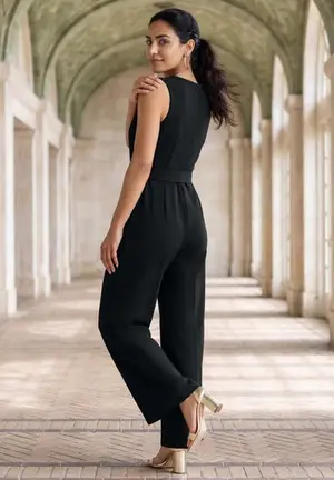 JESSICA LONDON Sleeveless Wide Leg Crepe Jumpsuit With Belted Waist - Black
