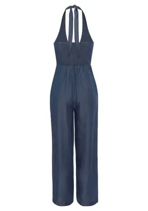 LASCANA Denim Look Halterneck Wide Leg Jumpsuit