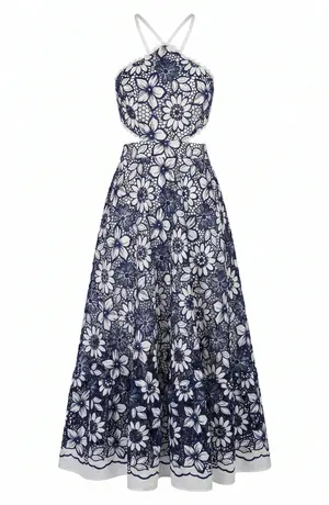 MODENAIRE Halterneck Dress With Vintage Embroidery And Cutout Waist - Blue