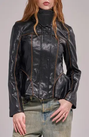 AZALEA WANG Ally Faux Leather Peplum Moto Jacket - Black