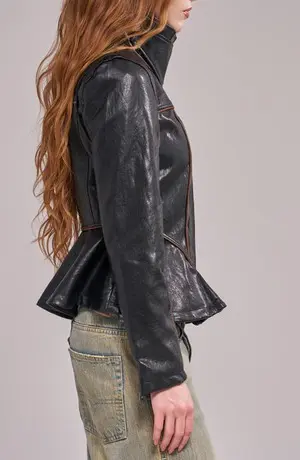 AZALEA WANG Ally Faux Leather Peplum Moto Jacket - Black