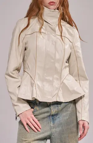 AZALEA WANG Ally Faux Leather Peplum Moto Jacket - Bone