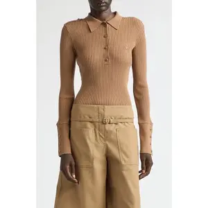 COURREGES Long Sleeve Rib Polo Sweater - Bronzer