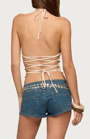 EDIKTED Catia Sequin Mesh Strappy Open Back Halter Top