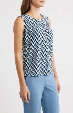 Anne Klein Geometric Print Pleated Neck Shell
