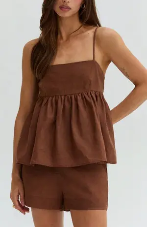 CRESCENT Tie Back Babydoll Linen Blend Top - Brown
