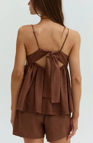 CRESCENT Tie Back Babydoll Linen Blend Top - Brown