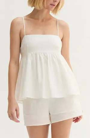CRESCENT Tie Back Babydoll Linen Blend Top - White