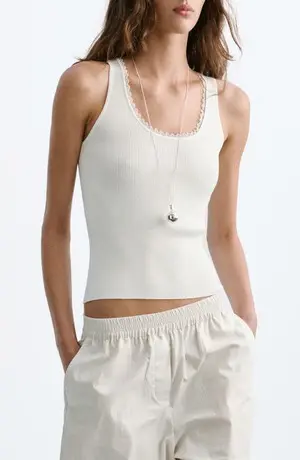 Mango Rib Knit Lace Trim Scoop Neck Tank - Ecru