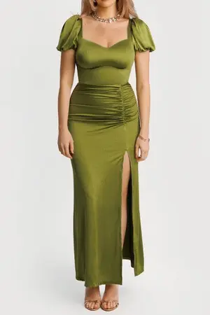 POPILUSH Sculpting Square Neck Maxi Dress With Sleeves And Built-in Shapewear Olive