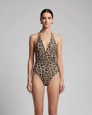 LORDS OF HARLECH Halter One-piece Swimsuit - Leopard Brown