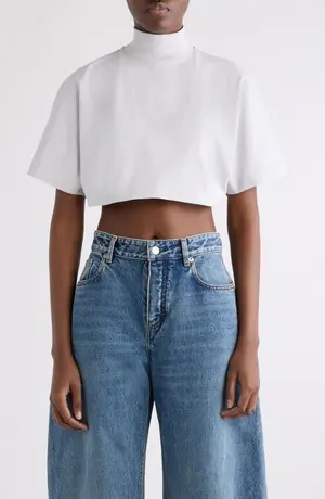 Alaïa Mock Neck Cotton Jersey Crop Top - Gris Perle