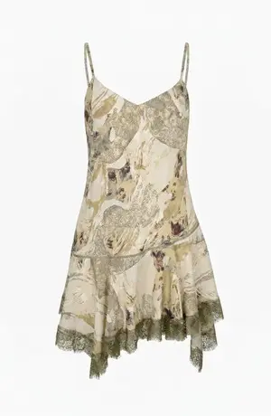 MODENAIRE Floral Lace Trim Slip Dress - Beige