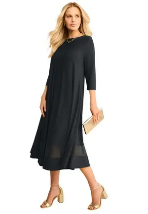 ROAMAN'S 3/4 Sleeve Mesh Inset Boatneck Dress - Black