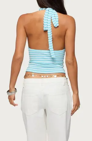 EDIKTED Maylah Stripe Knit Keyhole Halter Top - Turquoise